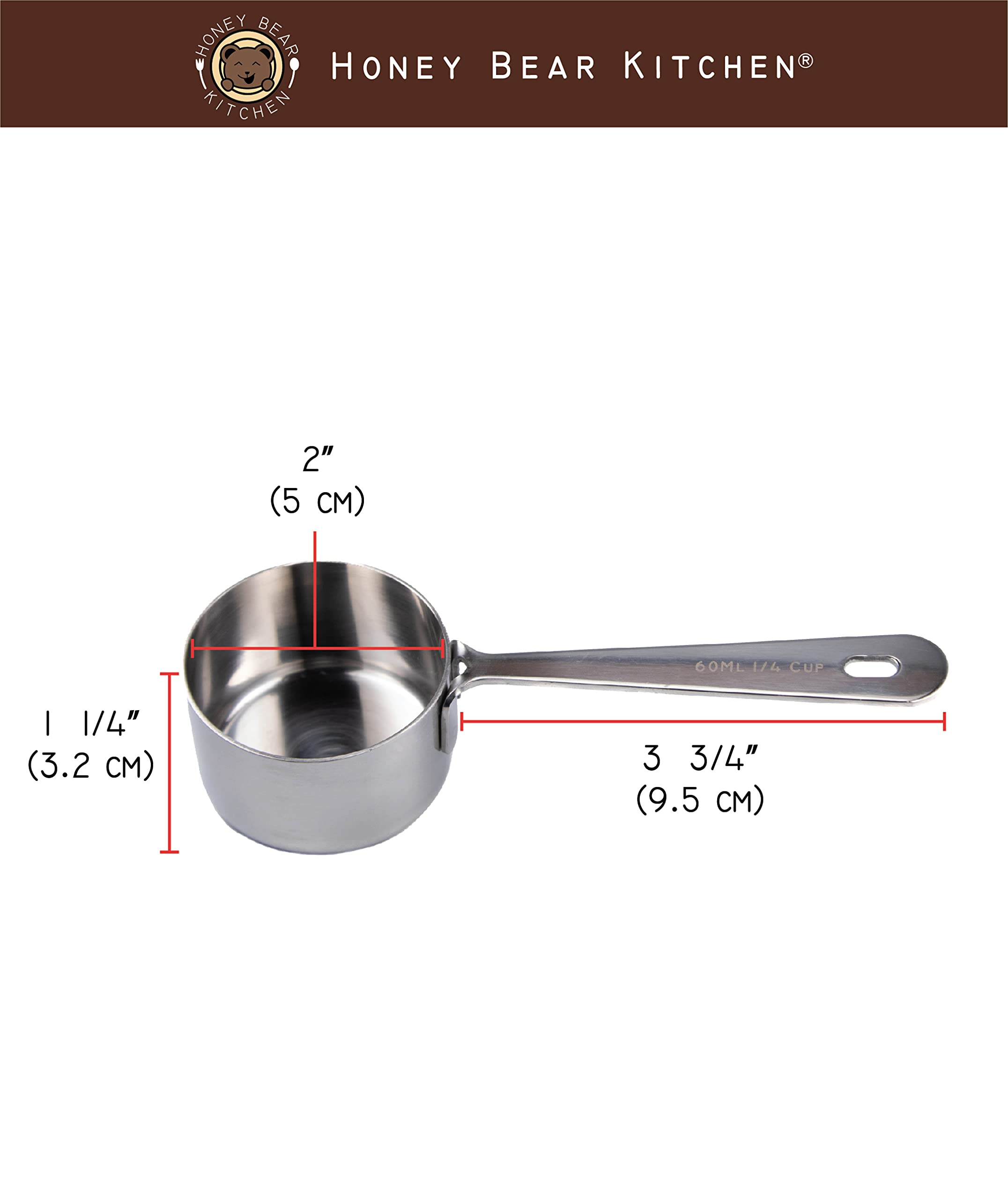 Honey Bear Kitchen 1/4 Cup 60 ml Leave-in Measuring Scoop Cups v2, Polished Stainless Steel (Set of 2)