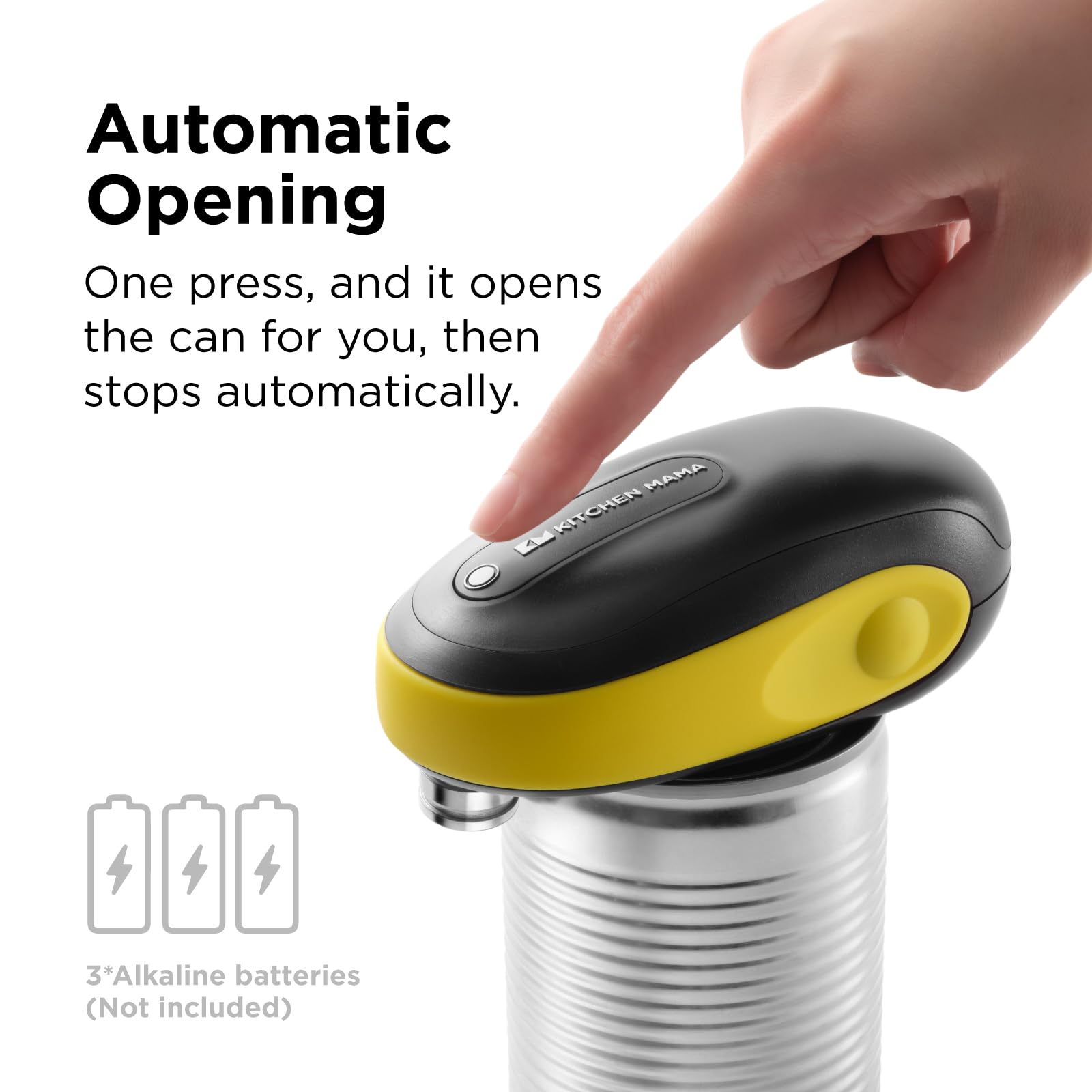 Kitchen Mama One-To-Go Electric Can Opener: Open Cans with One Press- Auto Detect Any Can Shapes, Auto-Stop As Task Completes, Smooth Edge, Handy with Lid Lift, Battery Operated Can Opener (Yellow)