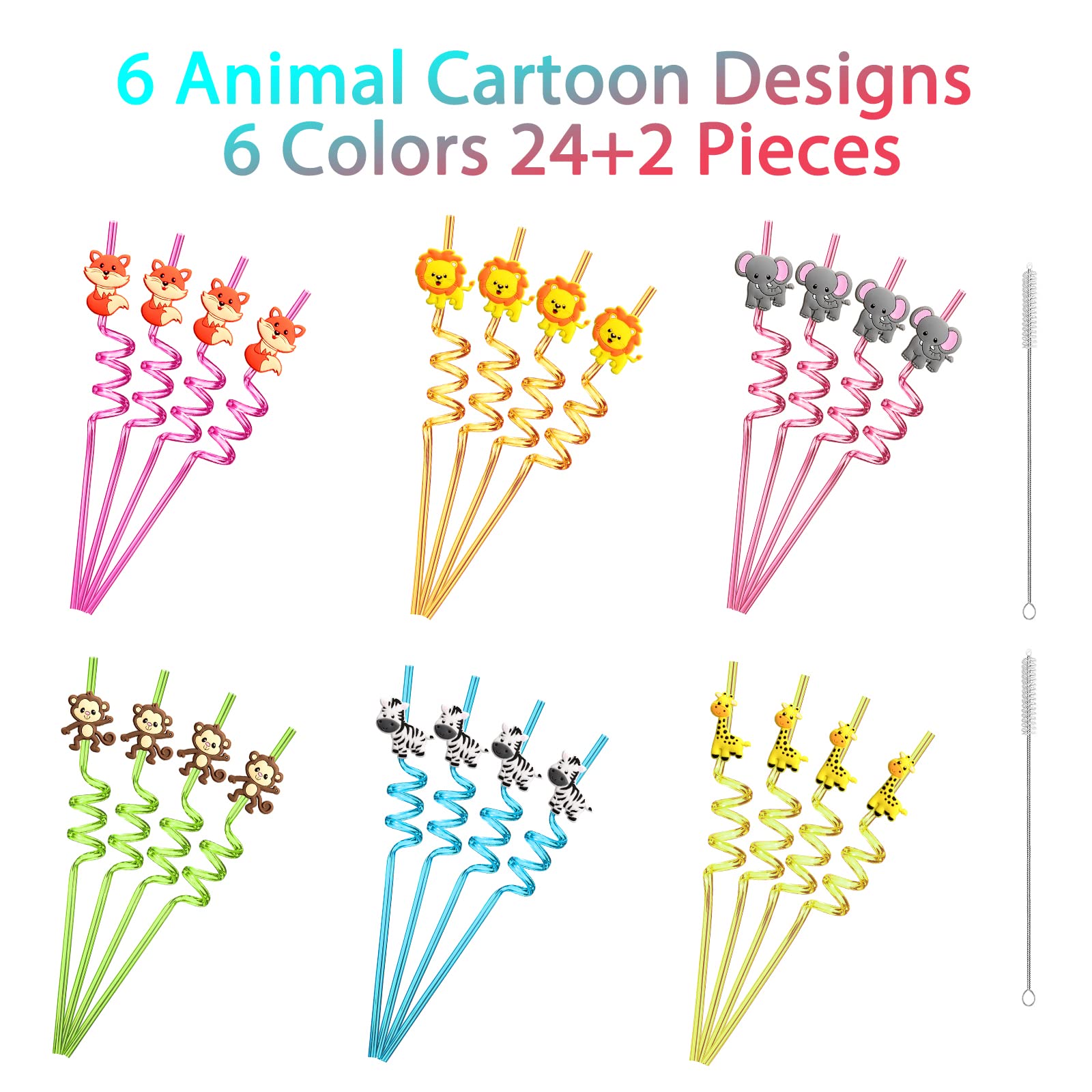 24 Reusable Jungle Animal Plastic Straws for Lion Fox Zebra Giraffe Safari Birthday Party Supplies Favors,Woodland Party Gift Favors with 2 Cleaning Brushes