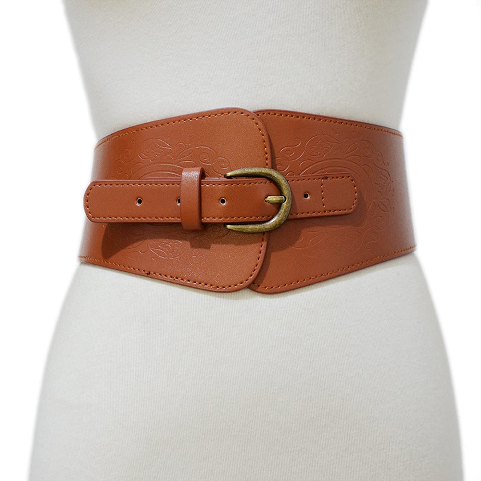 AWOCAN Women Leather PU Elastic Stretchy Corset Cinch Belt Print Retro Cinch Belt Wide Waist Belt (Camel)