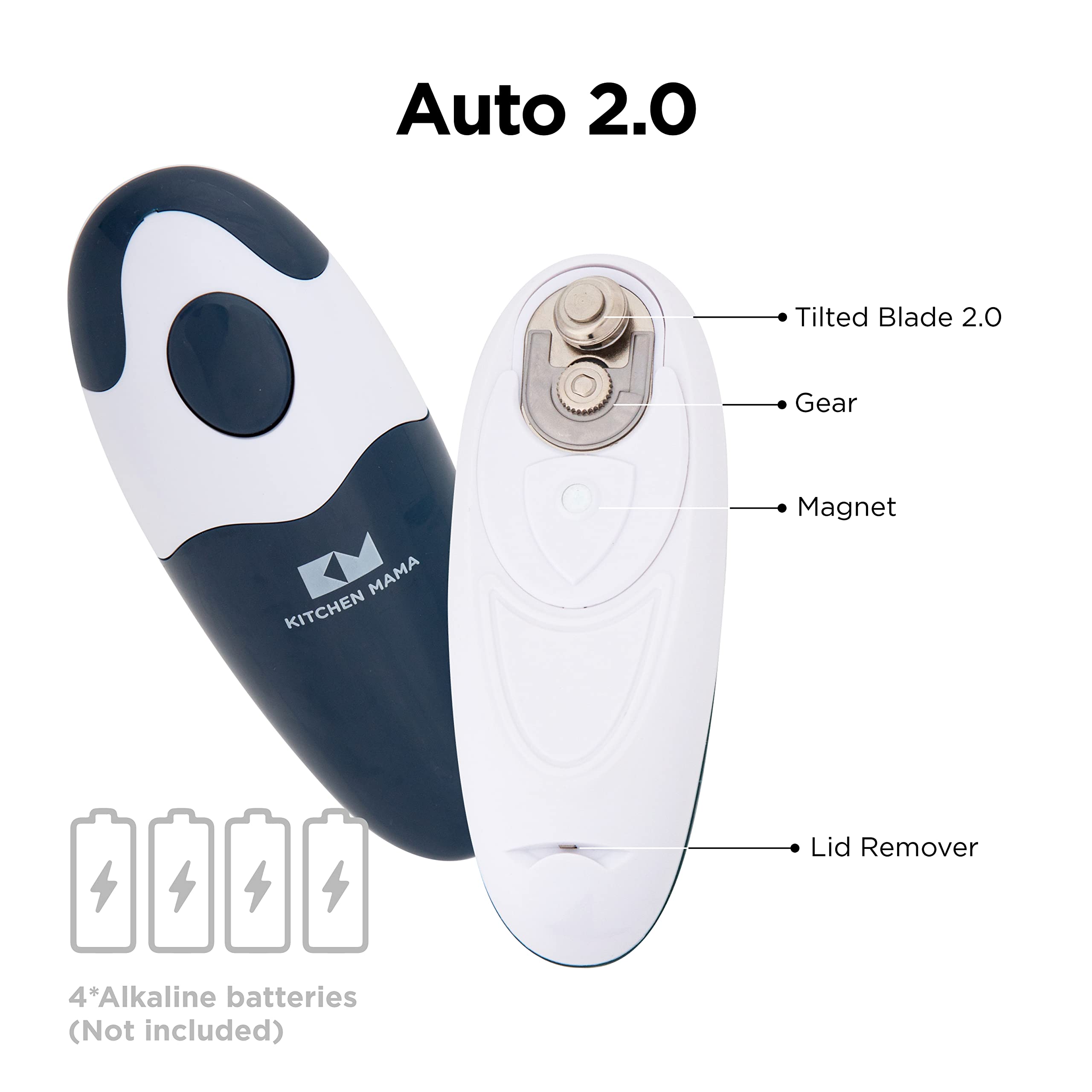 Kitchen Mama Auto 2.0 Electric Can Opener: Refined Blade Opens Almost Any Can - Automatic, Hands Free, Smooth Edge, Food-Safe, Battery Operated, YES YOU CAN (Navy Blue)