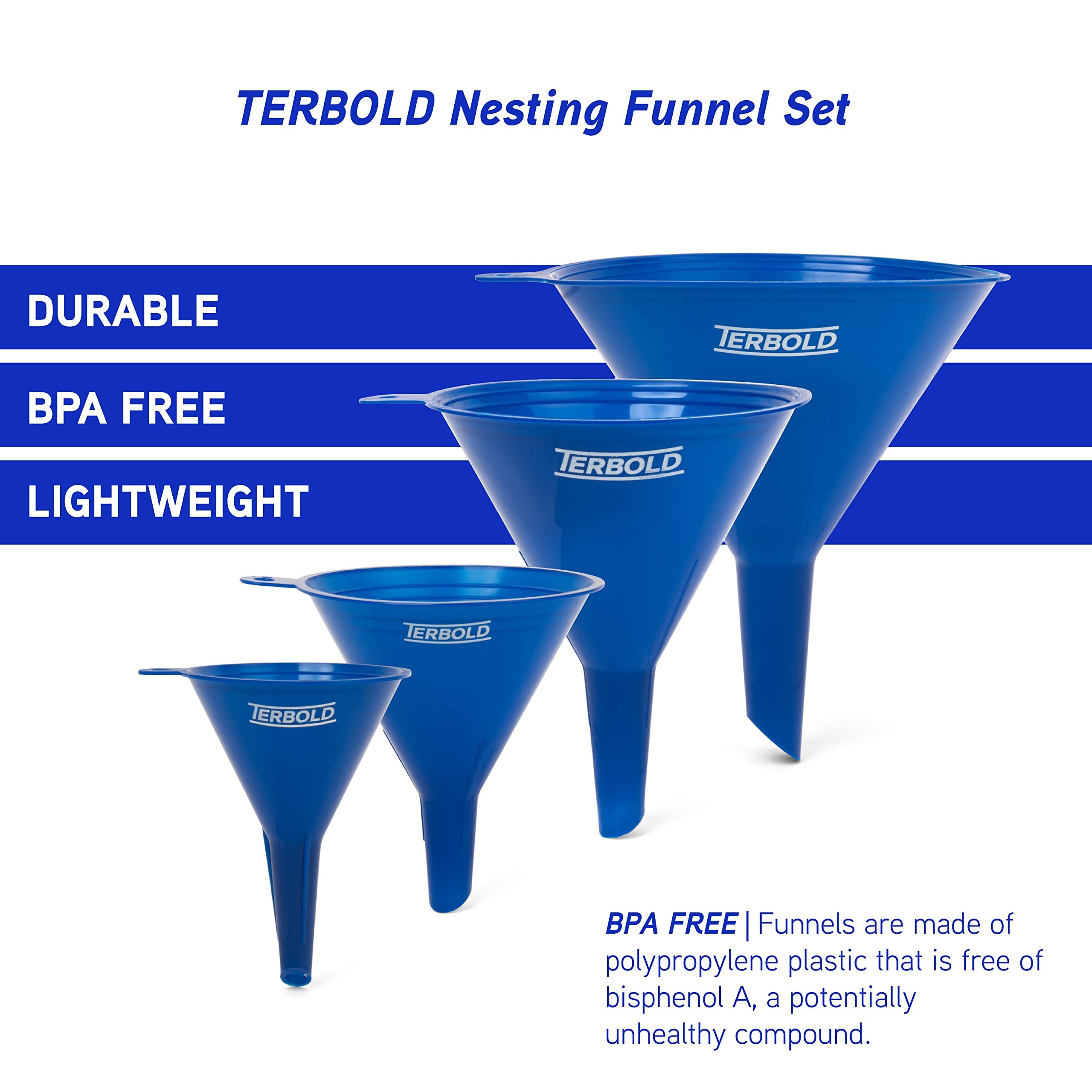 Terbold 4pc Funnel Nesting Set in BPA Free Plastic for Kitchen Cooking, Car Oil, Home, or Lab Use (Blue)