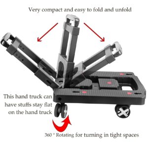 MAHIONG Folding Hand Truck, 110 Lbs Load Capacity Portable Luggage Cart with 4 Wheels, Bungee Cords and Bag, Solid Construction Utility Folding Hand Truck Dolly for Luggage Travel Shopping Moving