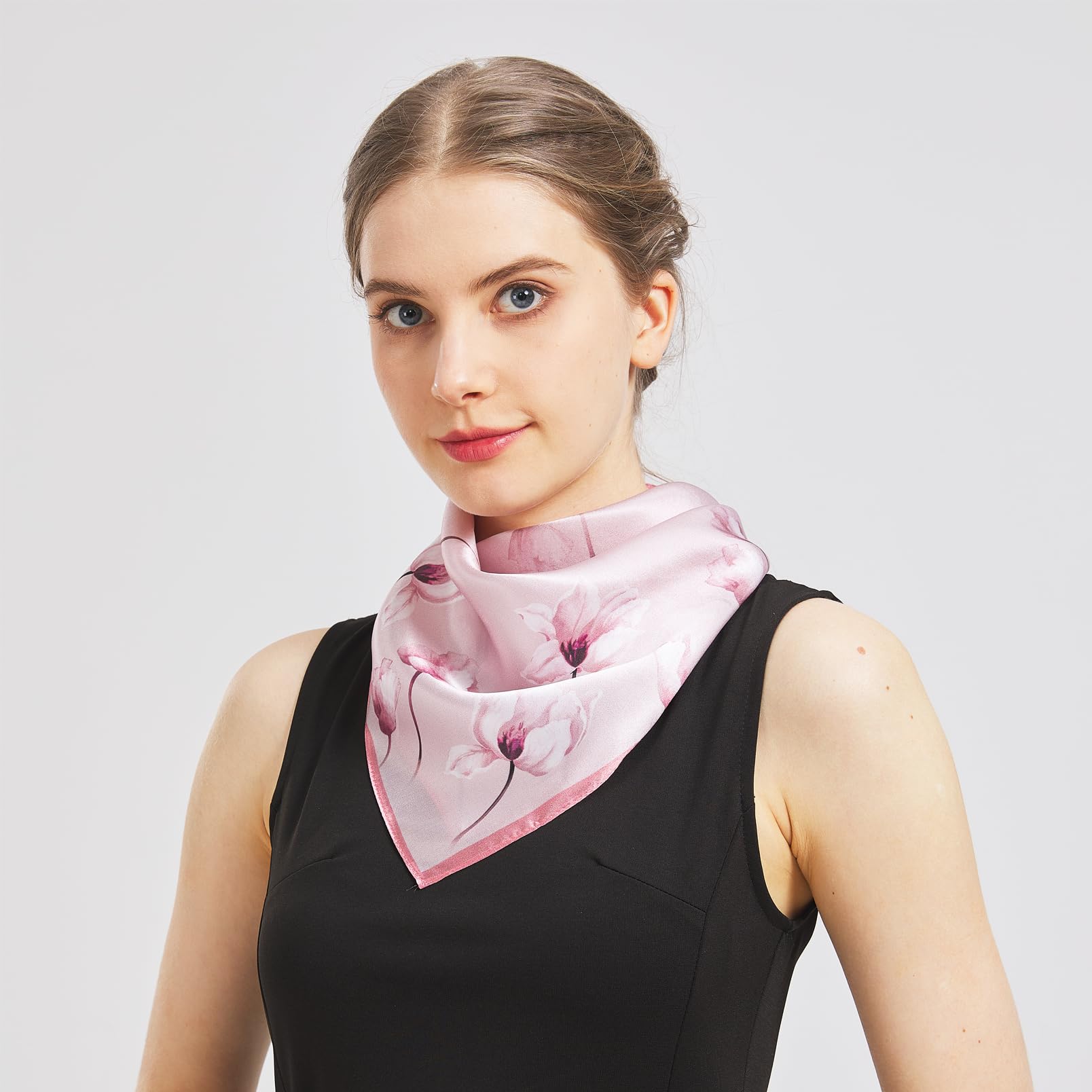 Aufeel 100% Real Mulberry Silk Women Small Square Neck Scarfs 21" Lightweight Headscarf Printed Neckerchief Gift Packed(Pink)