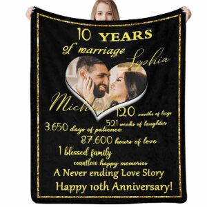 personalized anniversary throw blanket, 10 year anniversary wedding gifts for couple parents, customized soft warm lightweight flannel fleece blanket, couples blanket full size for valentine birthday