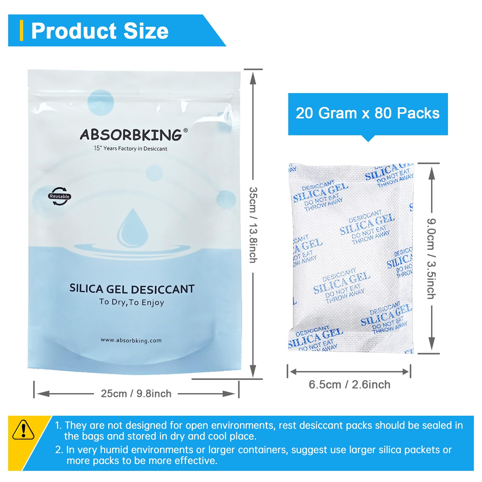 Silica Gel Packs - 80Pcs 20Gram Moisture Absorbers, Premium Transparent Desiccant for Storage, Silica Gel Desiccant Packets Food Safe for Moisture