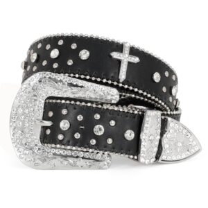 jasgood rhinestone studded belt for men women, western leather belt for cowgirl cowboy vintage bling belt for pants dress