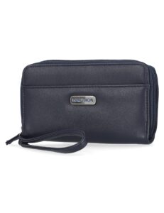 nautica on the double zip around vegan leather womens rfid clutch wallet with wristlet strap (indigo)