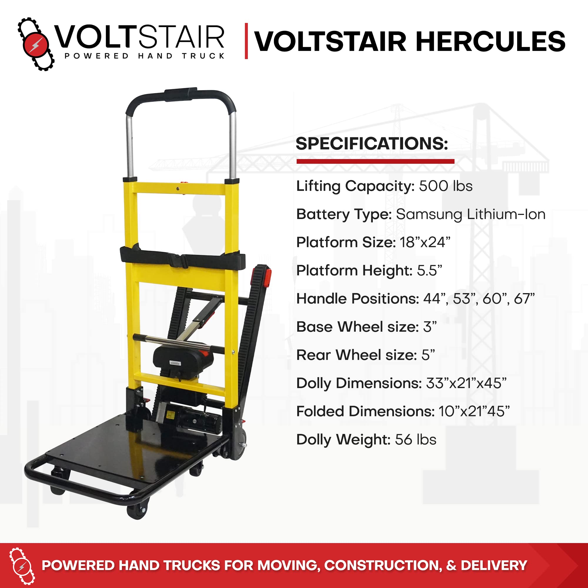 Voltstair Hercules Motorized Battery Stair Climbing Hand Truck Portable Dolly for Moving, Transporting, Lifting - Straps, Electronic Brake, Speed Control | Home, Office, Industrial Use, 500lb Lift Cap