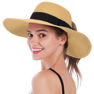 summer hats for women beach ponytail sun hat foldable uv protection sun hat with ponytail hole wide brim straw hat women,beige ponytail sun hats for women