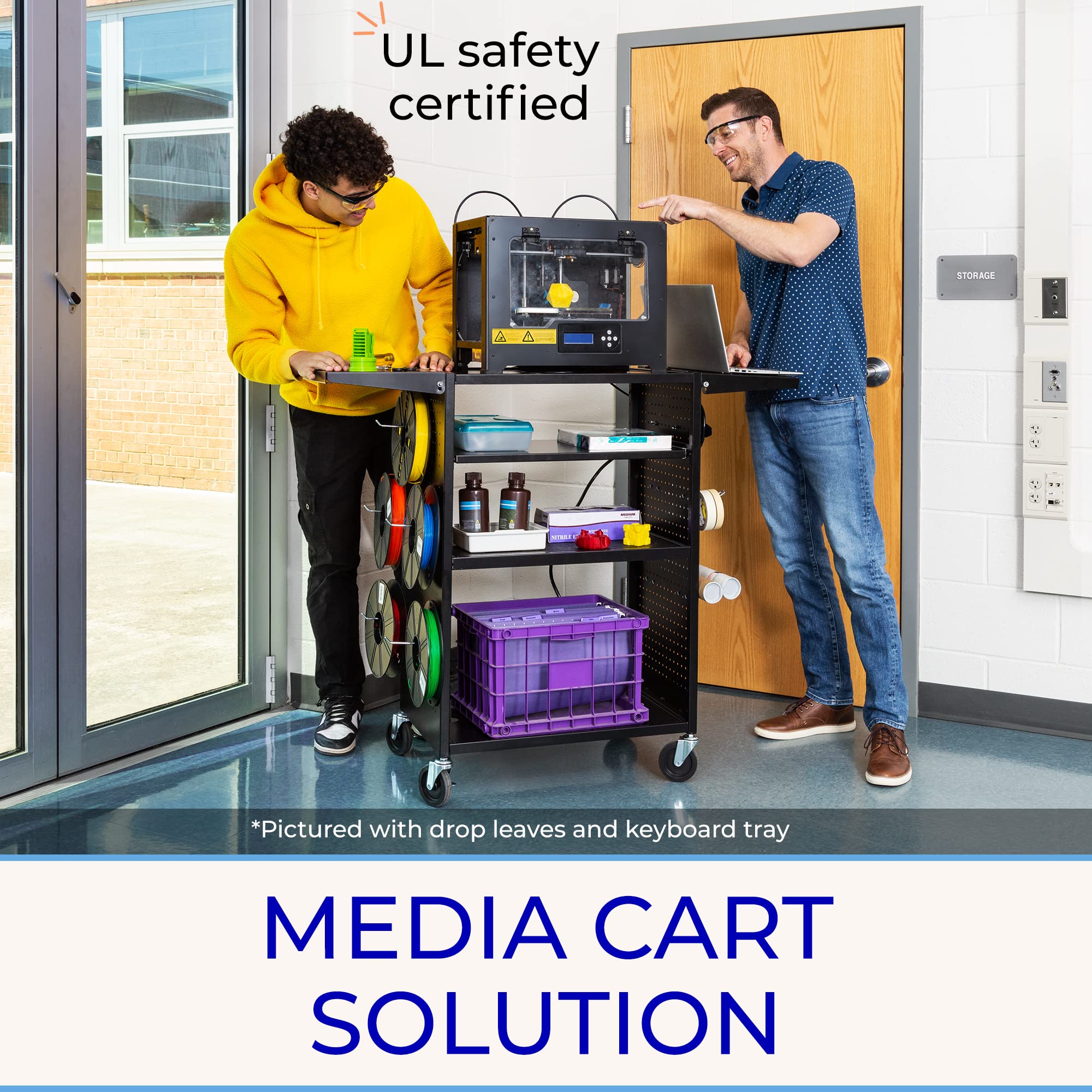 Line Leader Stellar AV Cart | Reimagine Your Teacher Cart with Revolutionary Pegboard Siding & 12 Movable Peg Hooks for Customizable Storage | UL Safety Certified Mobile Workstation & Computer Cart