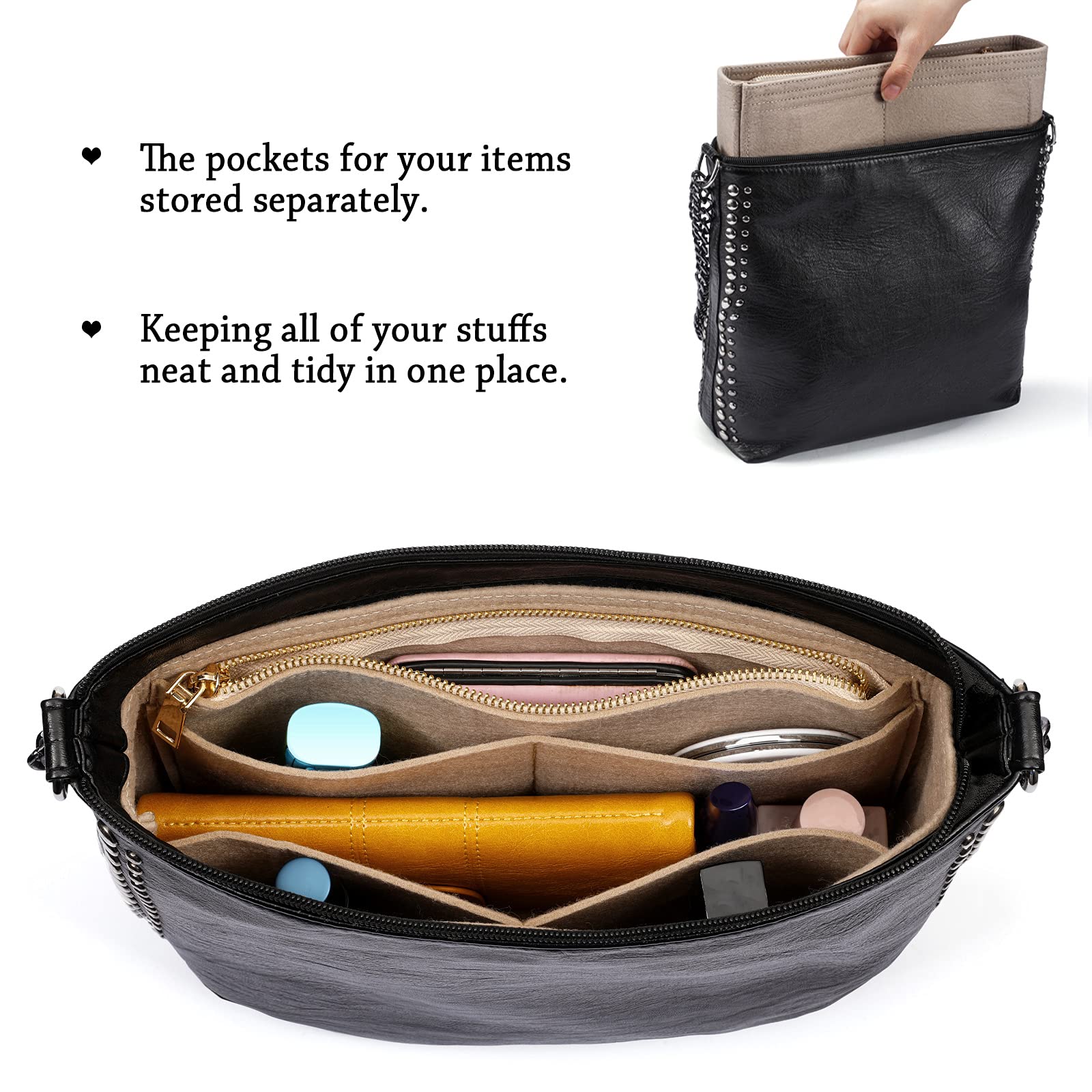 HyFanStr Small Purse Organizer with Zipper, Felt Insert Bag Organizer Handbag Tote Liner Pouch for Women