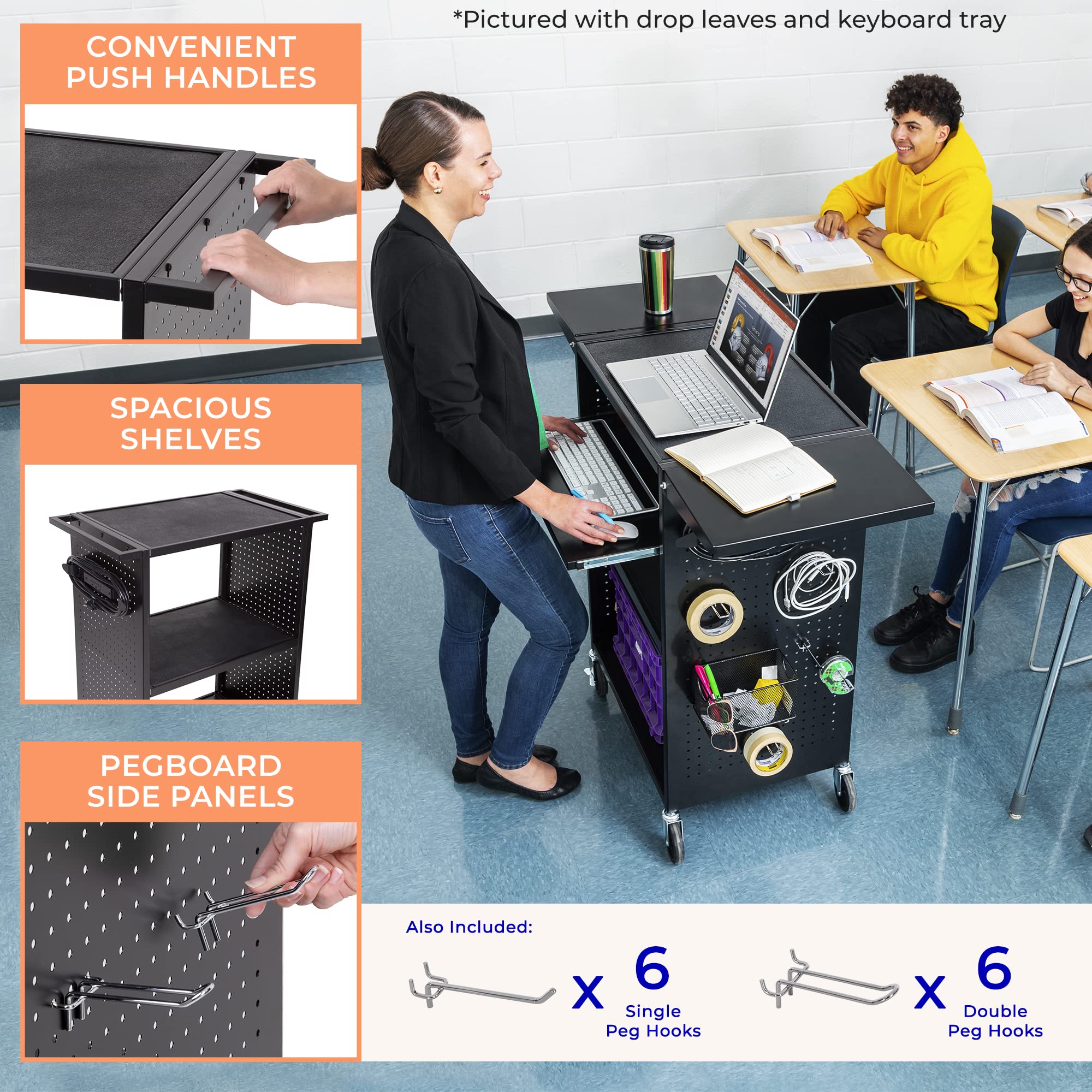 Line Leader Stellar AV Cart | Reimagine Your Teacher Cart with Revolutionary Pegboard Siding & 12 Movable Peg Hooks for Customizable Storage | UL Safety Certified Mobile Workstation & Computer Cart