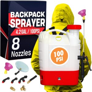 4.2 gallon battery powered backpack sprayer - 8 nozzles, 100psi cutoff pressure, long battery life, wide mouth, high-pressure spray hose, trigger lock, pressure knob controller