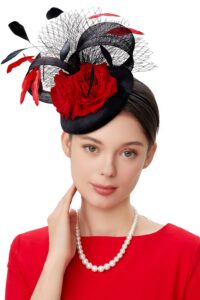 babeyond fascinator hat feather fascinators hair clip tea party pillbox derby hat bridal wedding veil black red