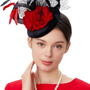 BABEYOND Fascinator Hat Feather Fascinators Hair Clip Tea Party Pillbox Derby Hat Bridal Wedding Veil Black Red