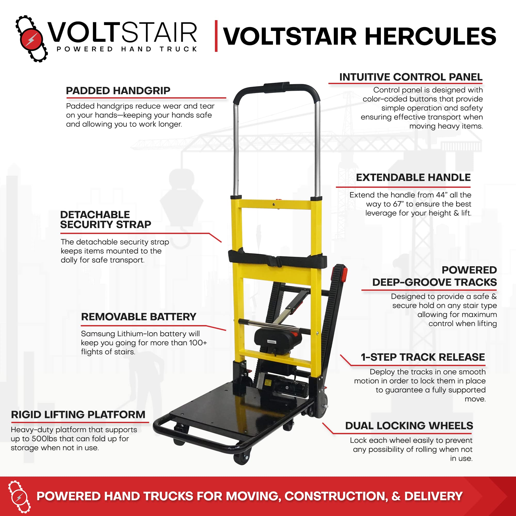 Voltstair Hercules Motorized Battery Stair Climbing Hand Truck Portable Dolly for Moving, Transporting, Lifting - Straps, Electronic Brake, Speed Control | Home, Office, Industrial Use, 500lb Lift Cap