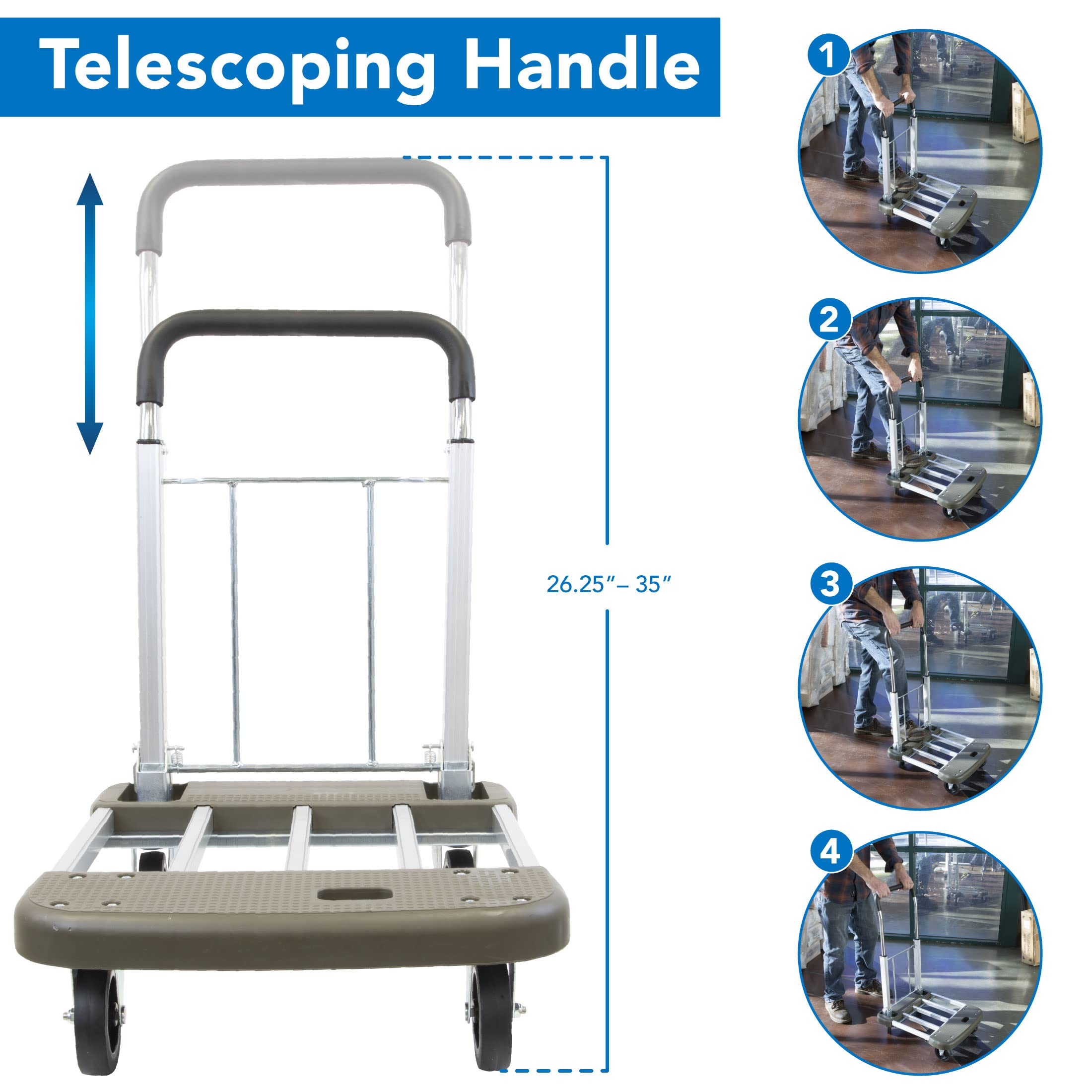 Mount-It! Foldable Push Cart, Utility Dolly Platform Cart, Adjustable Length, Folding Hand Truck, Portable Dolly for Moving Boxes, Appliances, Furniture, 330 lbs Capacity