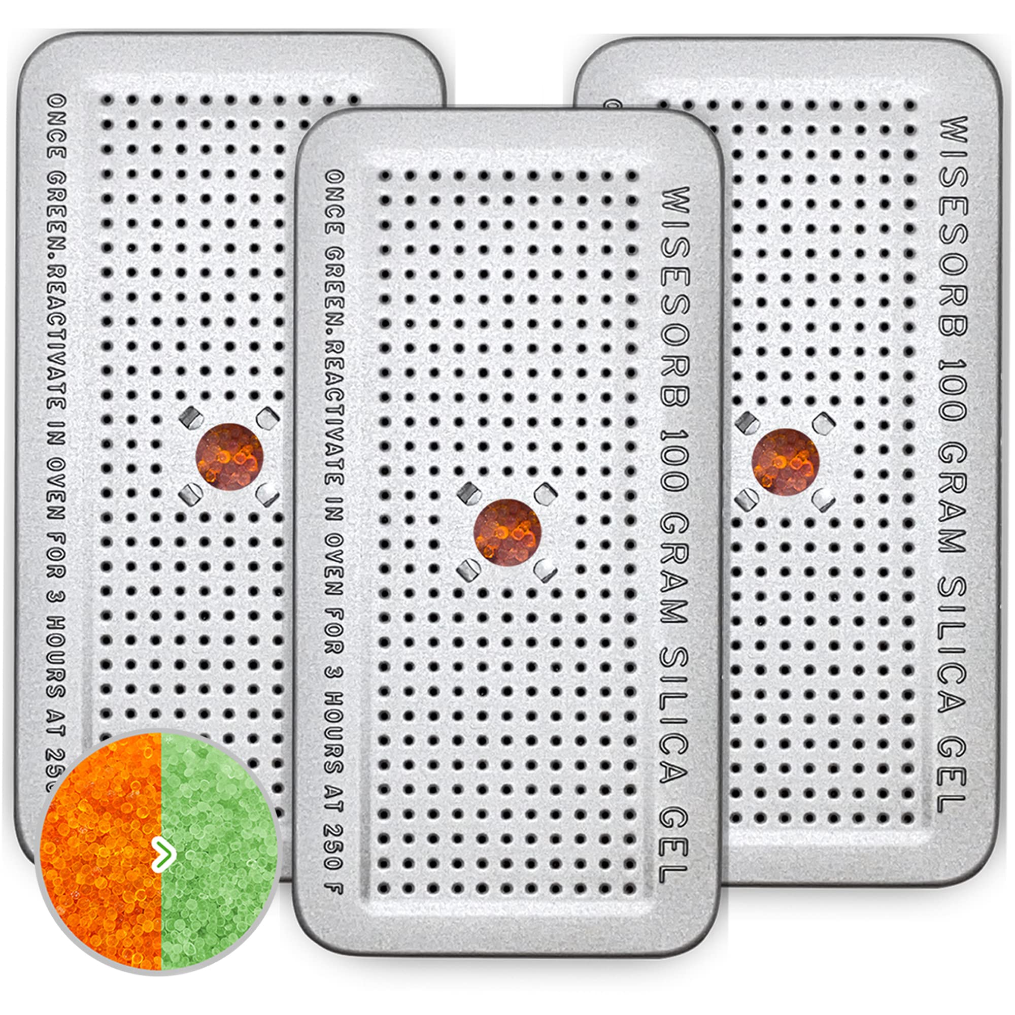 Wisesorb 100 Gram 3 Pack Indicating Silica Gel Canister, Gun Safe Dehumidifier (Orange to Green), Reusable Desiccant Canister Dehumidifier