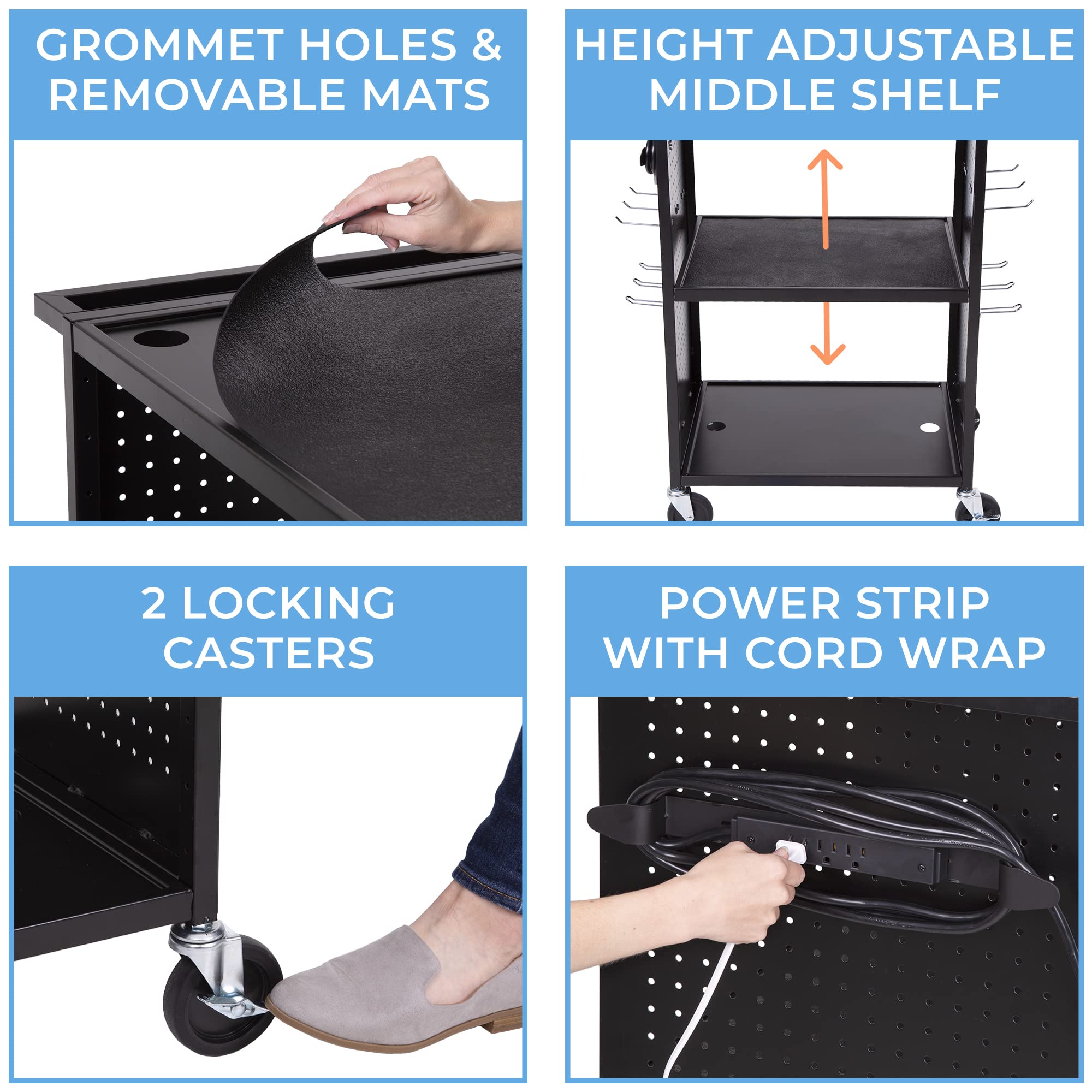 Line Leader Stellar AV Cart | Reimagine Your Teacher Cart with Revolutionary Pegboard Siding & 12 Movable Peg Hooks for Customizable Storage | UL Safety Certified Mobile Workstation & Computer Cart