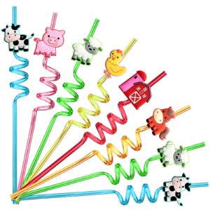 24 reusable farm animal plastic straws chicken sheep horse cow pig for barnyard farm birthday party supplies gift favors with 2 cleaning brushes