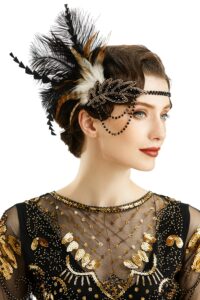 babeyond 1920s headpiece flapper headband - roaring 20's sequined showgirl hair band black with feather (black)