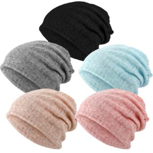 5 pieces women's slouchy beanie hat stretch turban hats cancer headwear caps baggy skull sleep scarf (pure color style) multicoloured