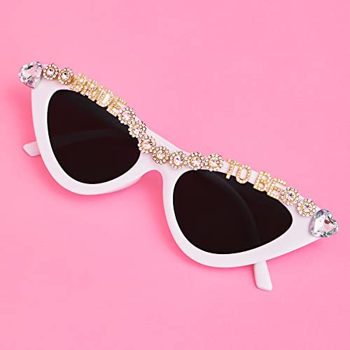 xo, Fetti Bachelorette Party Bride To Be Sunglasses | White Cat Eye Bedazzled Bach Decoration, Bridesmaid Sunnies Favor, Bride to Be Gift + Bridal Shower Supplies