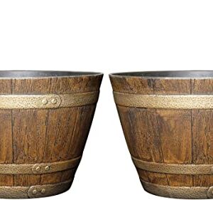 Classic Home and Garden Whiskey Plastic Resin Flower Pot Barrel Planter, 15", Oak Brown (2 Pack)