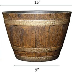 Classic Home and Garden Whiskey Plastic Resin Flower Pot Barrel Planter, 15", Oak Brown (2 Pack)