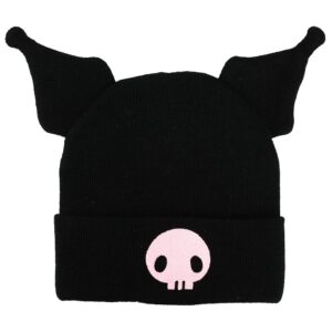 kuromi cuffed knitted embroidered logo with 3d plush horns beanie hat black