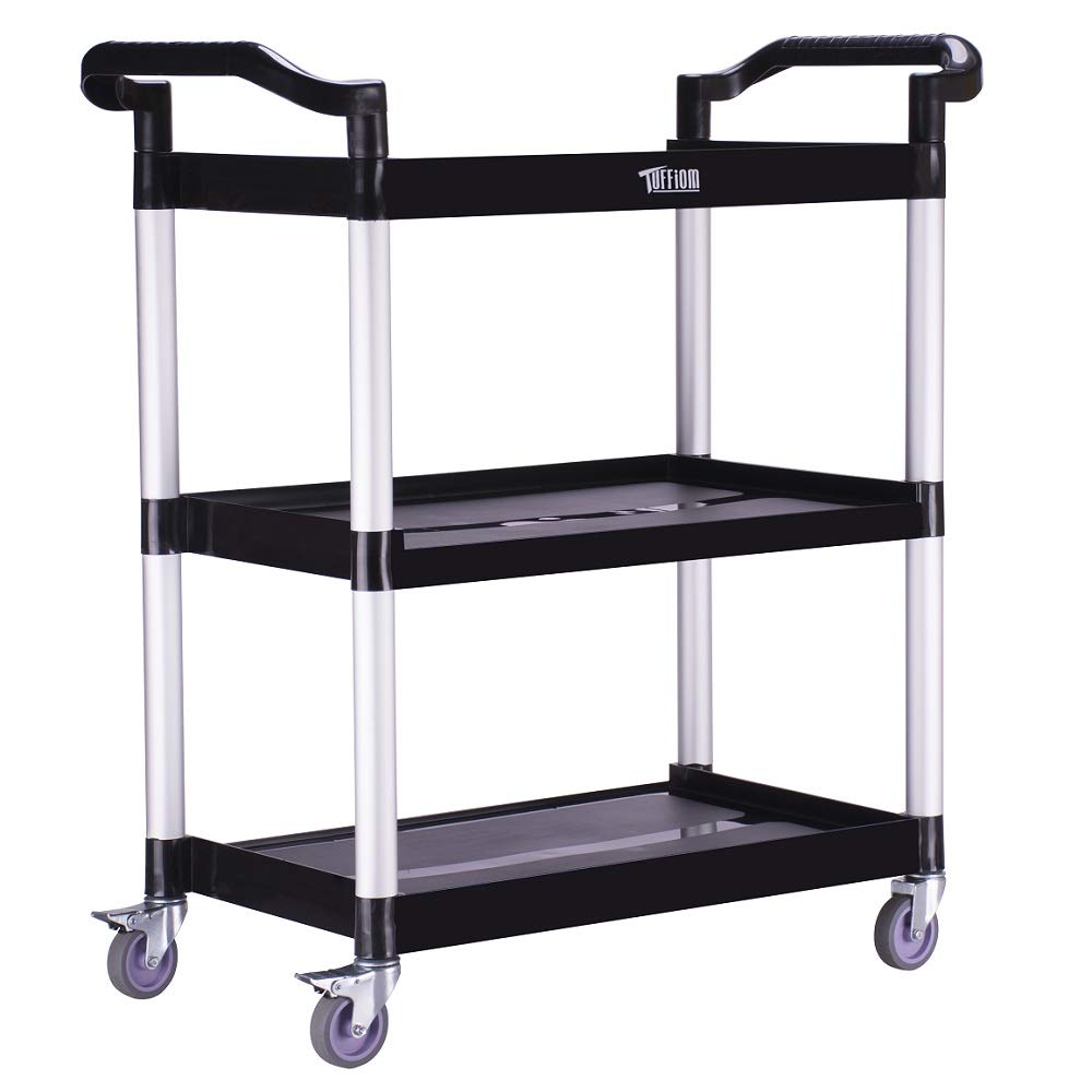 3-Tier Commercial Utility Cart with Wheels, Heavy Duty Rolling Plastic Service Cart, 390 lbs Capacity for Foodservice, Restaurant, Cleaning, Workplace (33.8'' x 16.5'' x 35.8'')