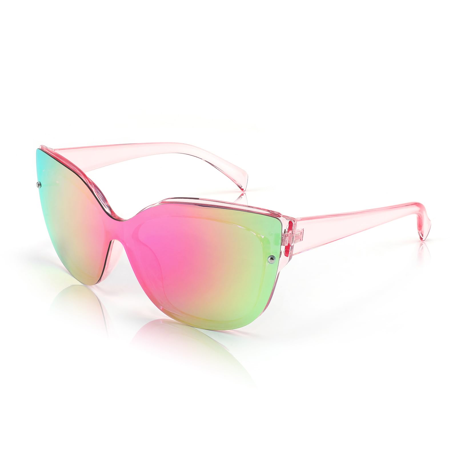 FEISEDY Cat Eye Sunglasses Polarized for Women Men，Rimless Mirrored Sunglasses, Oversized, Trendy Retro Sun Glasses B2796 Transparent Pink/Pink Mirror