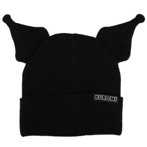 Kuromi Cuffed Knitted Embroidered Logo with 3D Plush Horns Beanie Hat Black