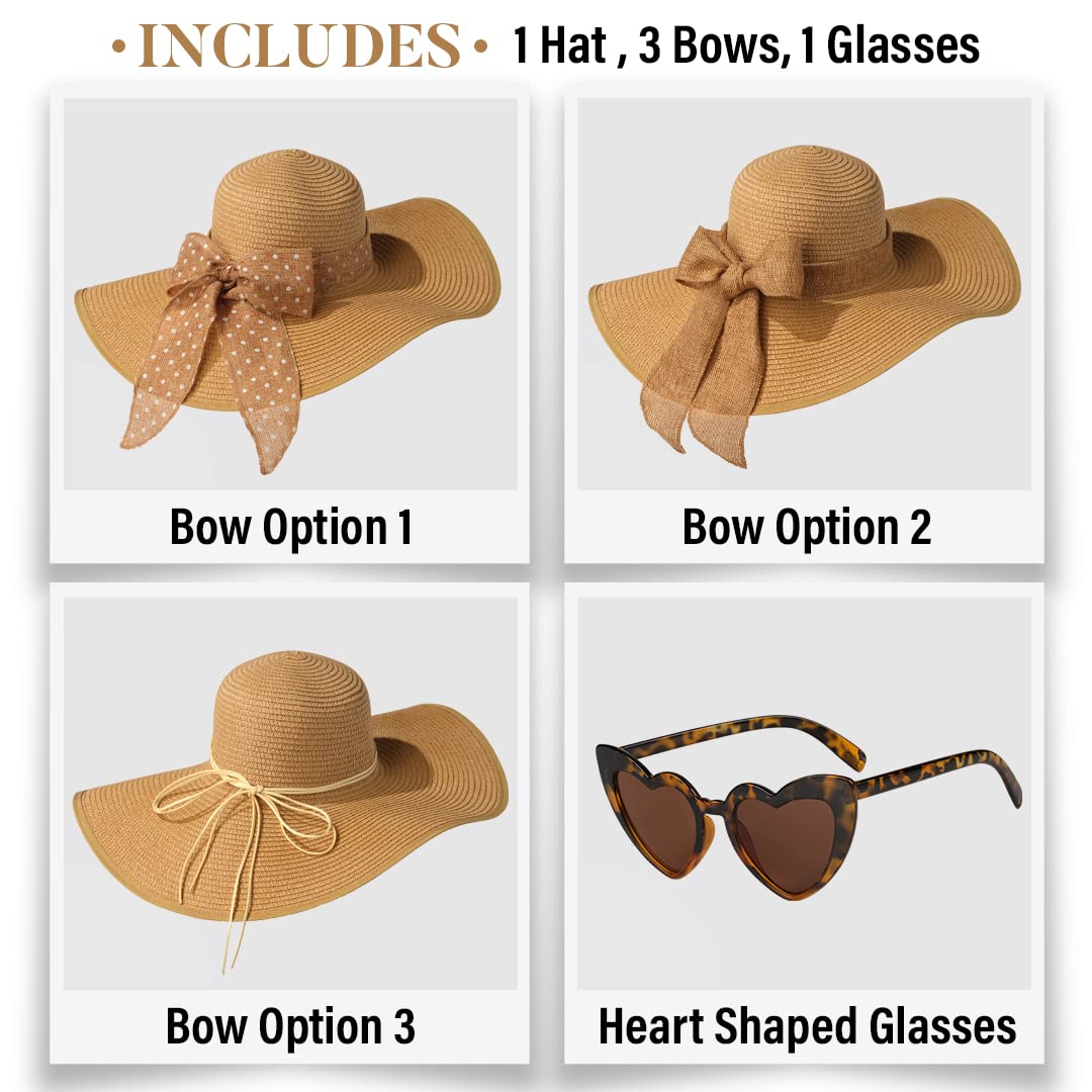 Funcredible Khaki Sun Hat for Women - Khaki Wide Brim Hat - Large Floppy Beach Hat - Straw Sun Hats with Bow and Heart Shape Glasses