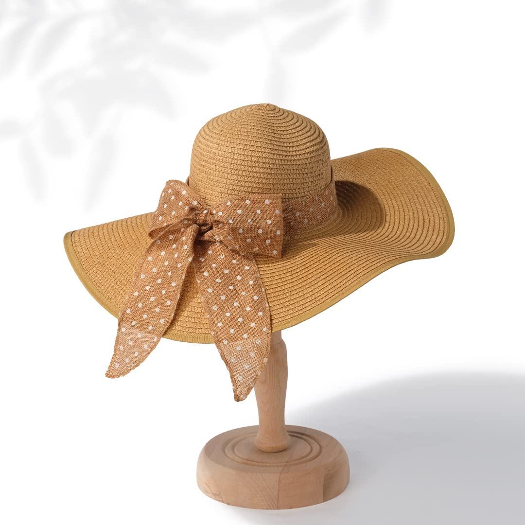 Funcredible Khaki Sun Hat for Women - Khaki Wide Brim Hat - Large Floppy Beach Hat - Straw Sun Hats with Bow and Heart Shape Glasses