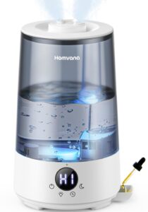 homvana humidifiers for bedroom home, 3.6 l cool mist top-fill 34h super long time, quiet 16db, baby humidifier, oil diffuser for large room, plants, nursery, office bpa free, 7 color light ultrasonic