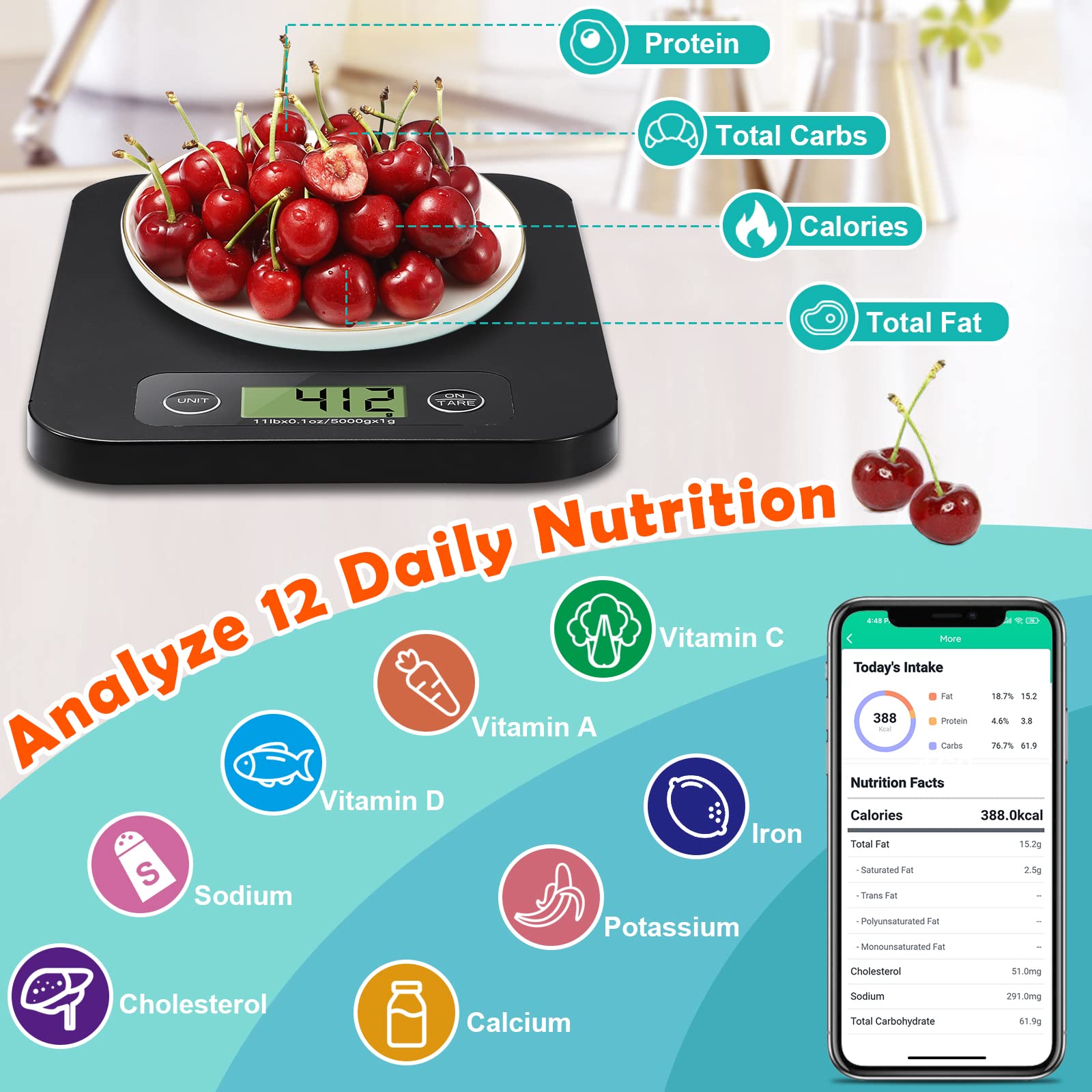 URAMAZ Smart Digital Food Scale for Weight Loss, Kitchen Food Scale Grams and Ounces with Nutritional Calculator, Food Weight Scale for Diet, Keto, Macro, Calorie, Cooking, Meal Prep 0.1oz/11lb