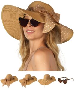 funcredible khaki sun hat for women - khaki wide brim hat - large floppy beach hat - straw sun hats with bow and heart shape glasses