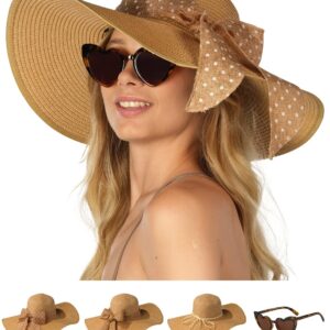 Funcredible Khaki Sun Hat for Women - Khaki Wide Brim Hat - Large Floppy Beach Hat - Straw Sun Hats with Bow and Heart Shape Glasses