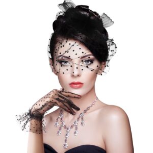 yolev fascinator hat faux feather mesh veil hat short lace glove 50s costume accessories for women wedding (spotted) black