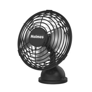 holmes 4" mini heritage desk fan, usb-powered, single speed, 4 blades, adjustable 100° head tilt, metal construction, ideal for home, dorm rooms, bedrooms, office or travel, vintage matte black