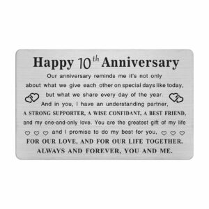 tgcnq metal engraved 10 year anniversary card, 10th anniversary card gifts for husband wife him her, 10 year wedding anniversary decorations