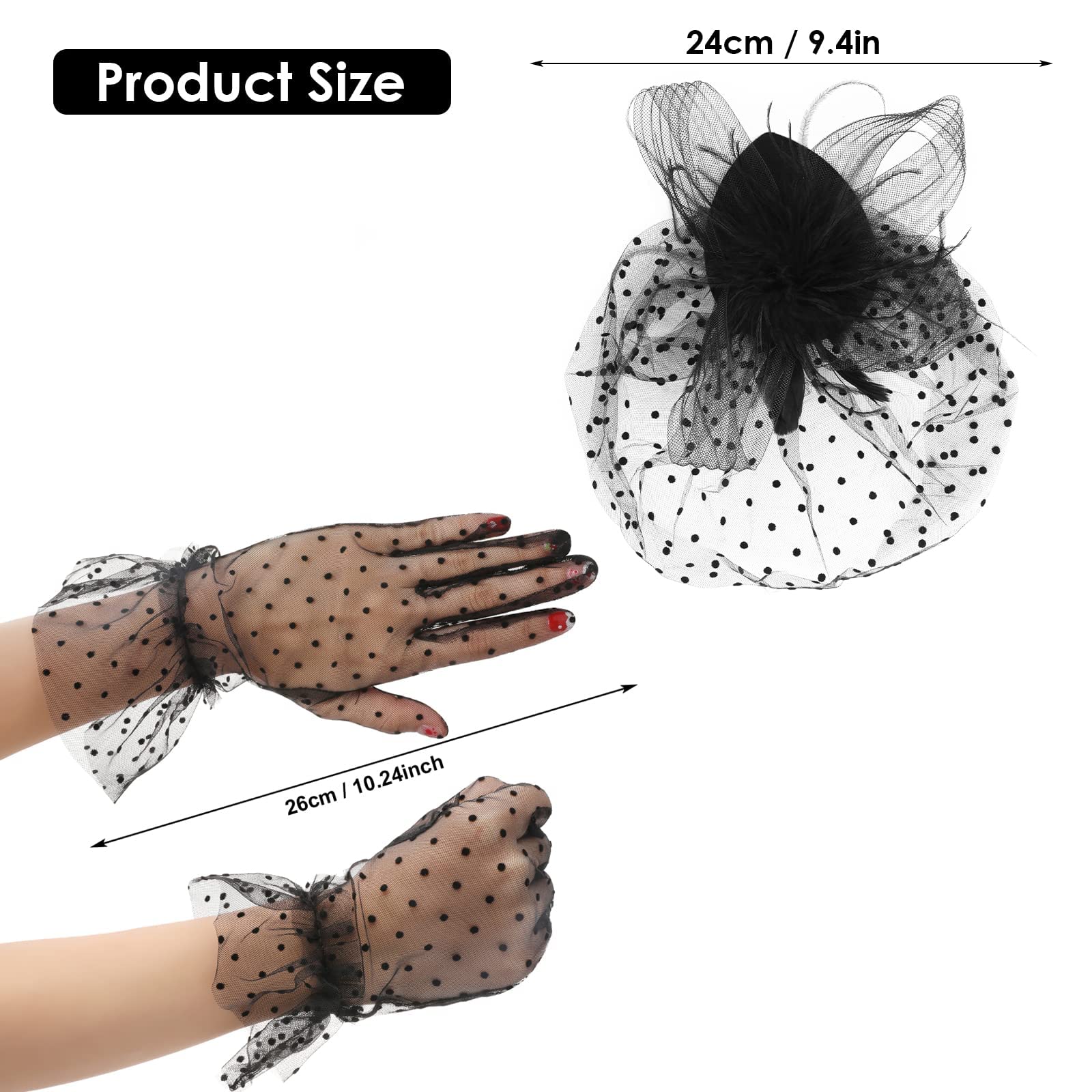 Yolev Fascinator Hat Faux Feather Mesh Veil Hat Short Lace Glove 50s Costume Accessories for Women Wedding (Spotted) Black