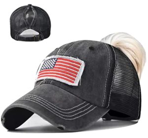 utowo women baseball-caps distressed-american-flag ponytail-high-bun trucker dad-hats (black - high ponytail mesh)