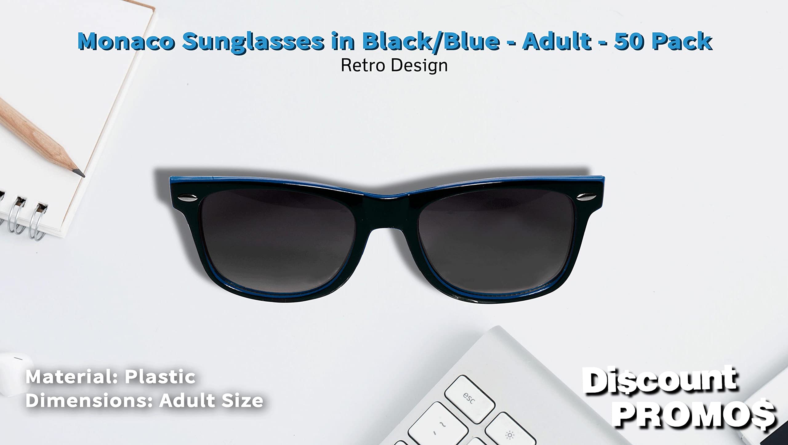 DISCOUNT PROMOS Custom Monaco Sunglasses Set of 100, Personalized Bulk Pack - Reusable, Perfect for Party, Beach, Pool, Outdoor Events - Black Blue