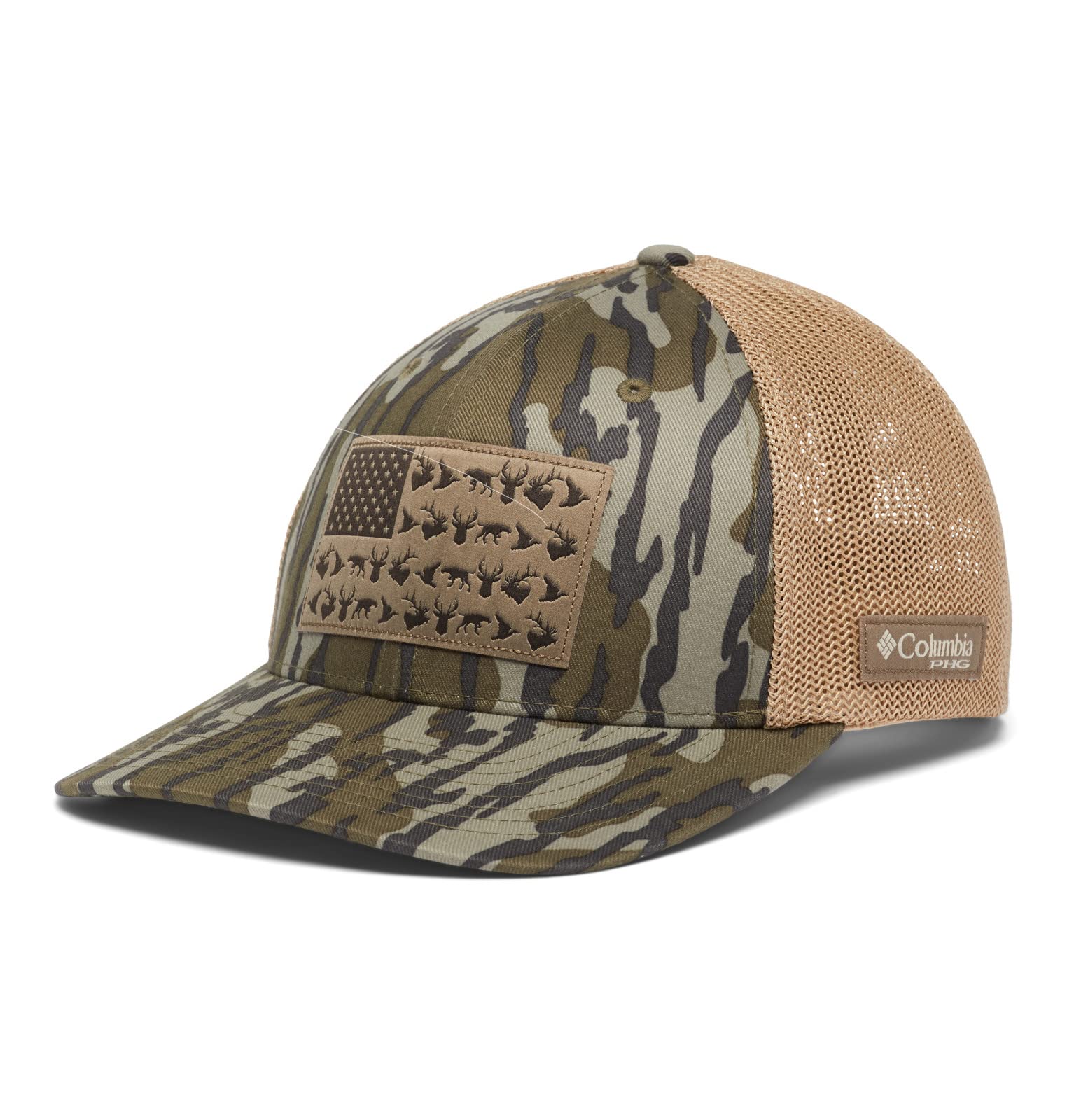 Columbia Unisex PHG Camo Mesh Ball Cap - High, Mossy Oak Bottomland/Game Flag, Small/Medium