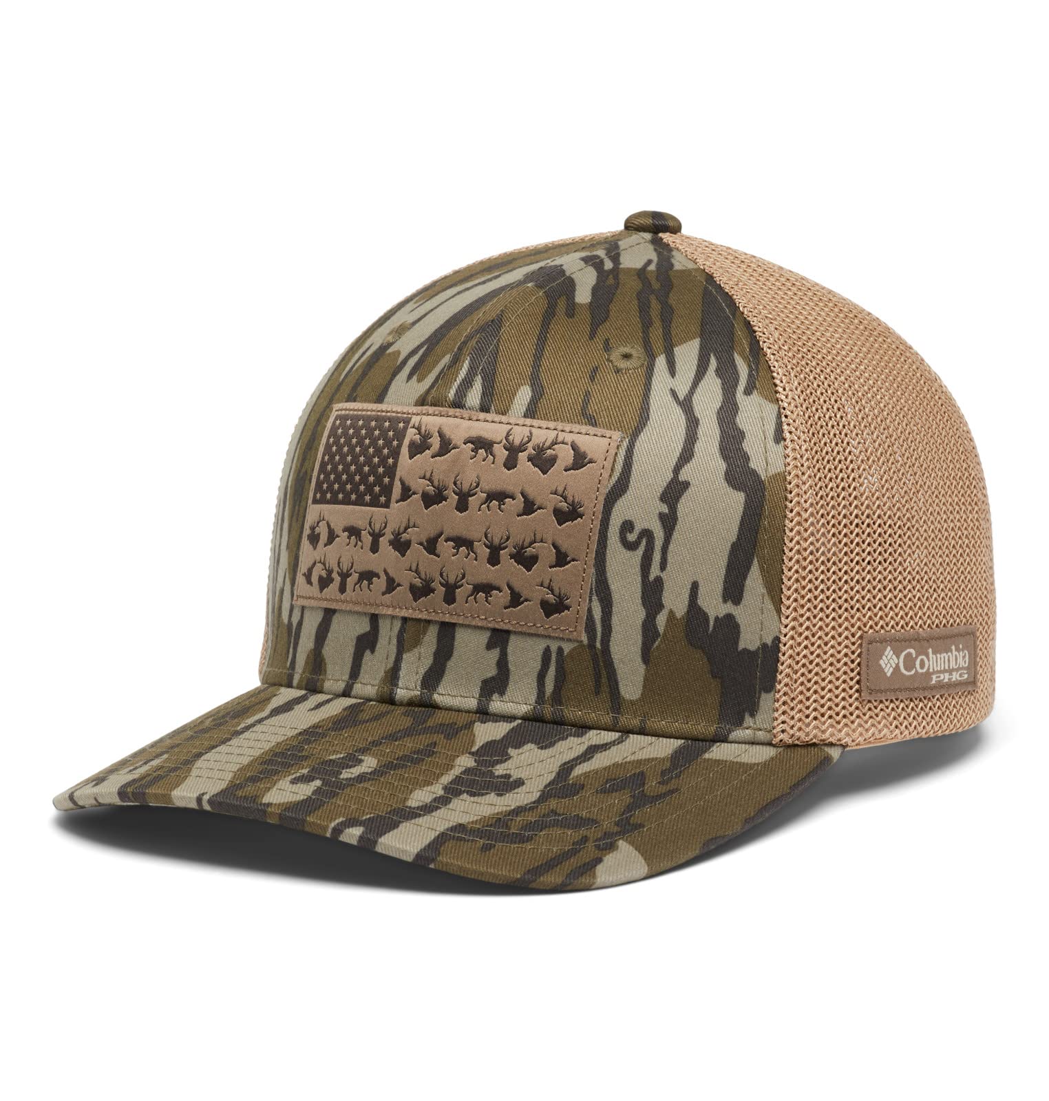 Columbia Unisex PHG Camo Mesh Ball Cap - High, Mossy Oak Bottomland/Game Flag, Small/Medium