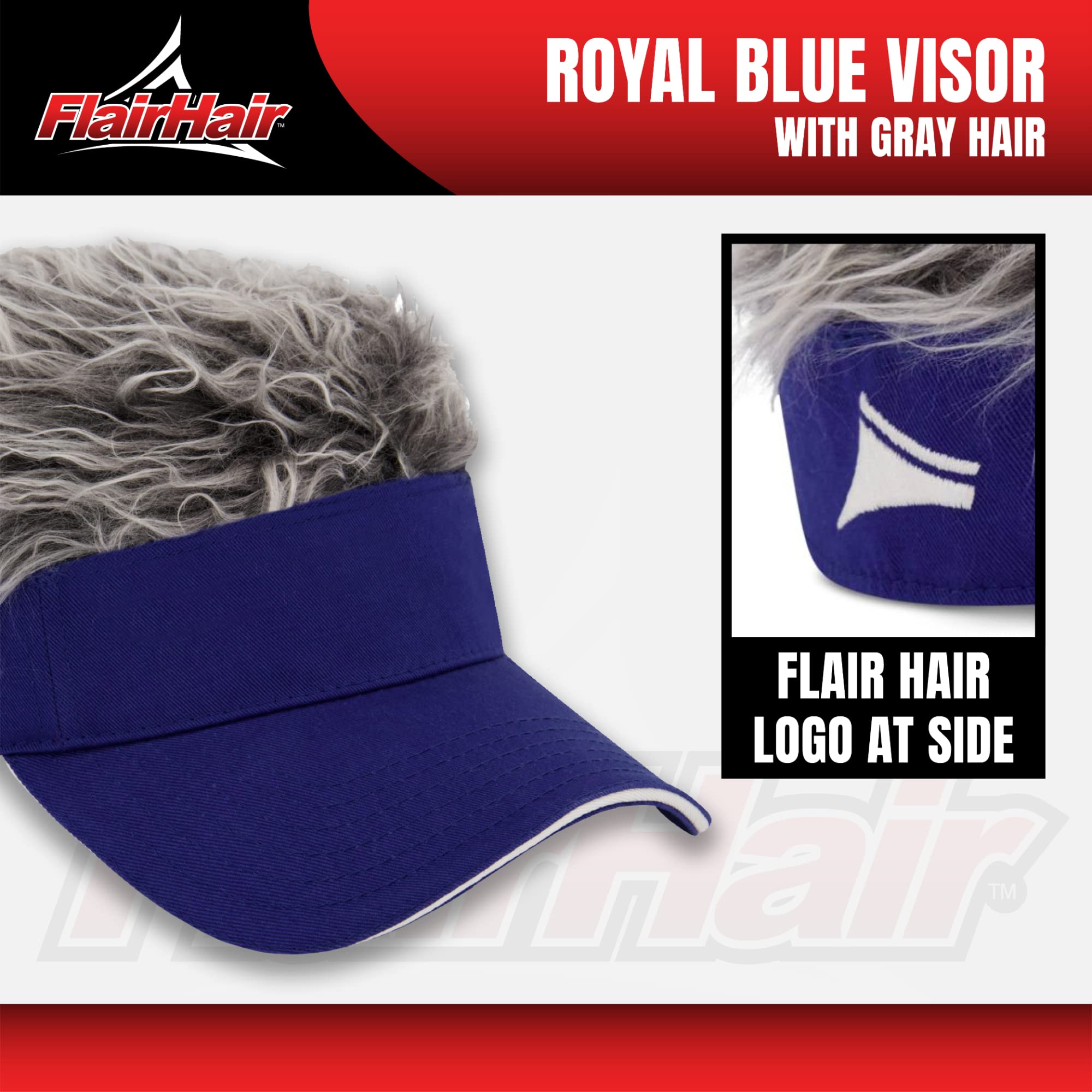 Flair Hair Sun Visor Cap with Fake Hair, Adjustable Baseball Hat, Royal Blue, One Size