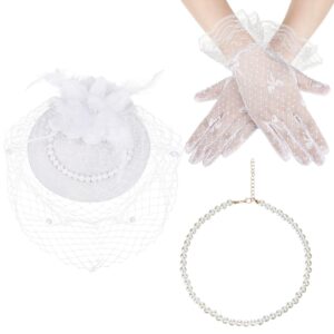 hicarer 50s fascinator hat for women funeral veil hat pillbox cocktail tea party headpiece and lace glove pearl necklace(white, silver)